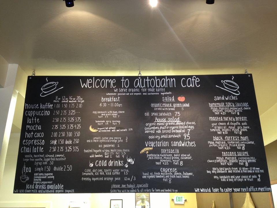 Menu at Autobahn Cafe, Oakland