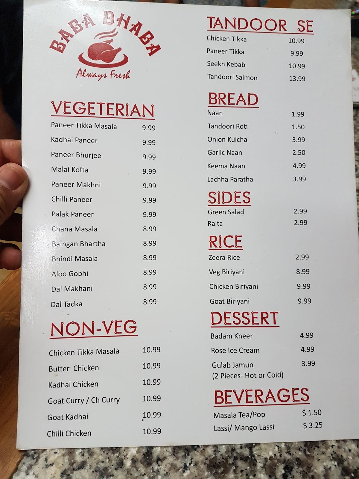 Menu at Baba Dhaba restaurant, Brampton, 255 Rutherford Rd S