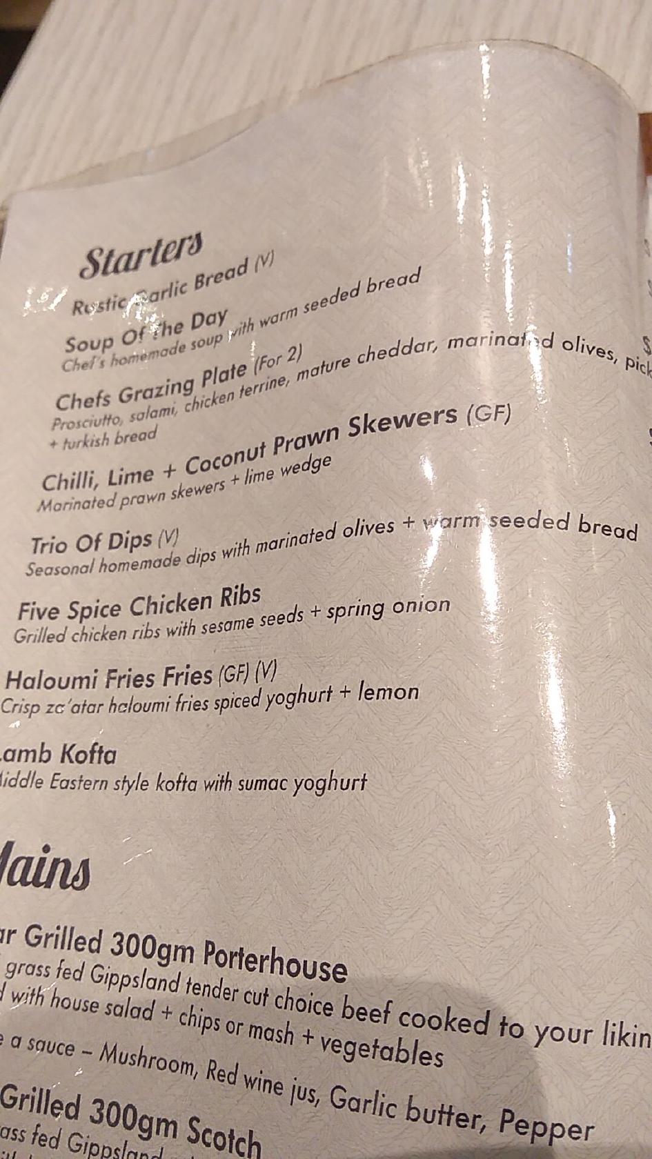 Menu at Cheltenham Moorabbin RSL club, Cheltenham