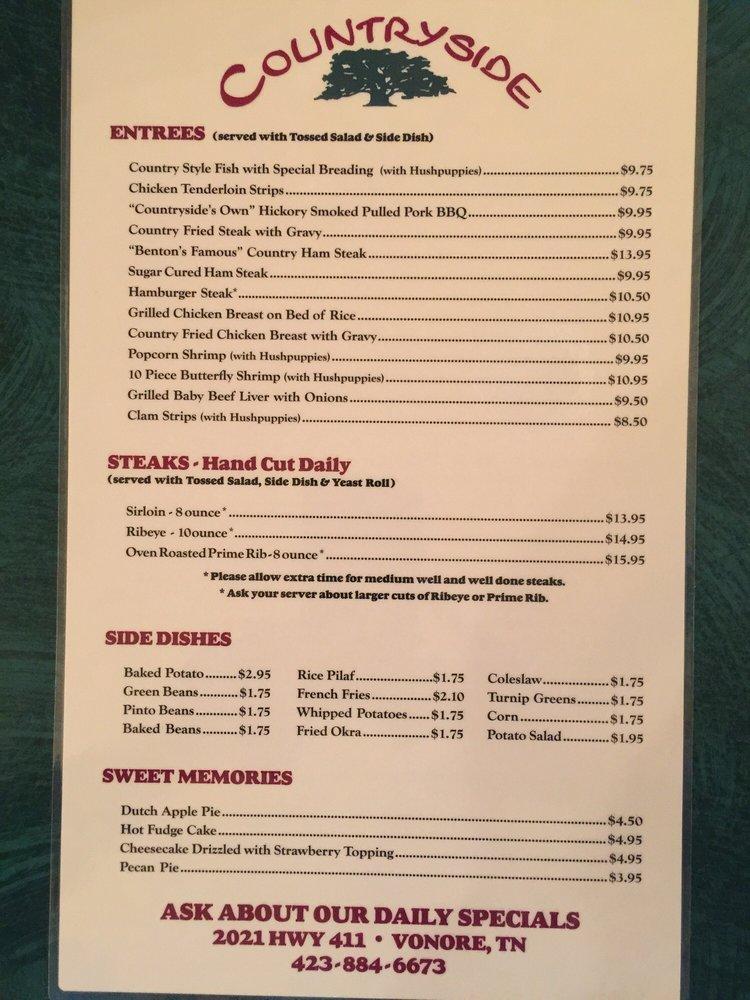 Menu at Countryside restaurant, Vonore