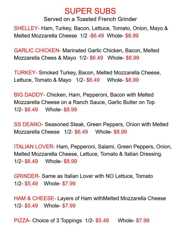 Menu at Deano's Diner pizzeria, Ashley