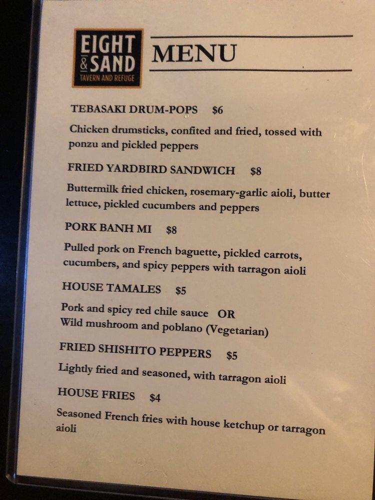 Menu at Eight and Sand Tavern & Refuge pub & bar, Columbus
