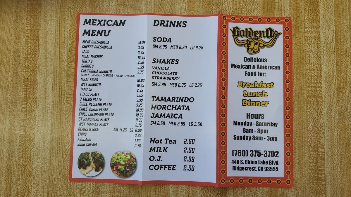 Menu at Golden Ox restaurant, Ridgecrest