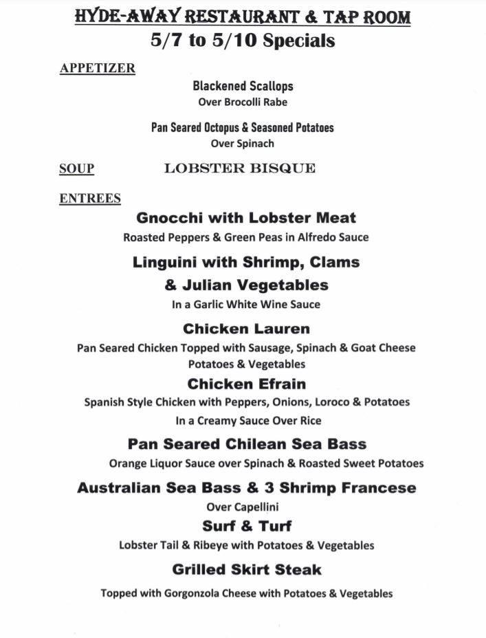 Menu at Hyde-Away Restaurant & Tap Room, Fredon Township
