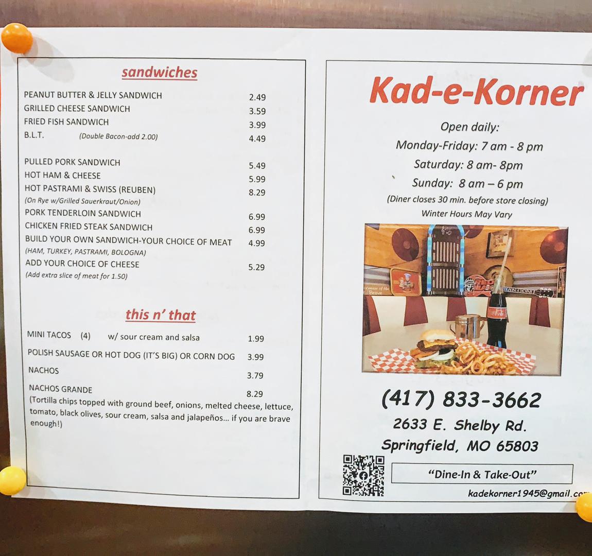 Menu at Kad-E-Korner Store & Diner, Springfield