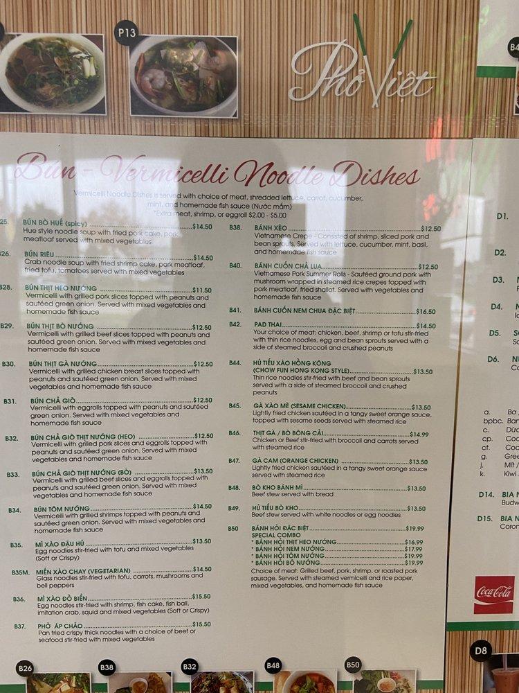 Menu at Pho Viet restaurant, Milwaukee, S 27th St