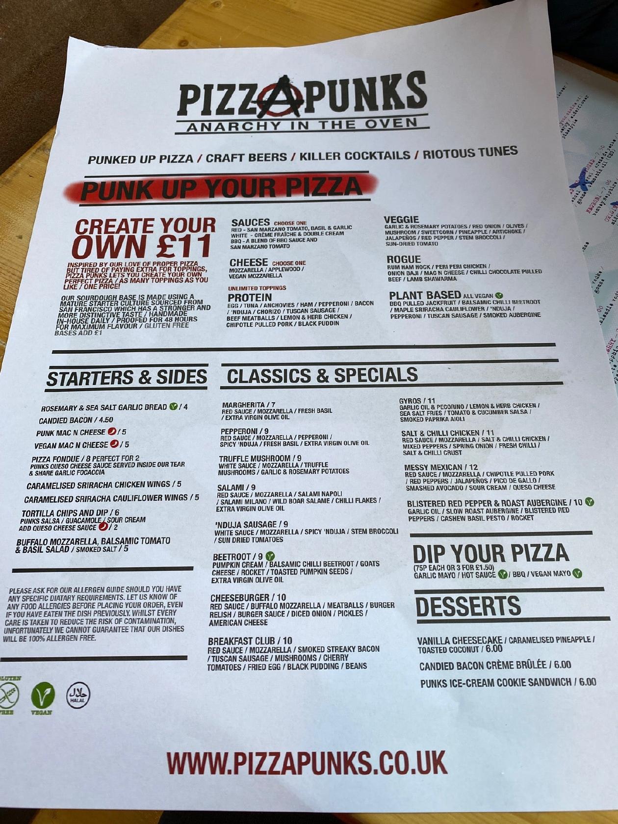 Menu at Pizza Punks Belfast pizzeria, Belfast, 20-22 Waring St
