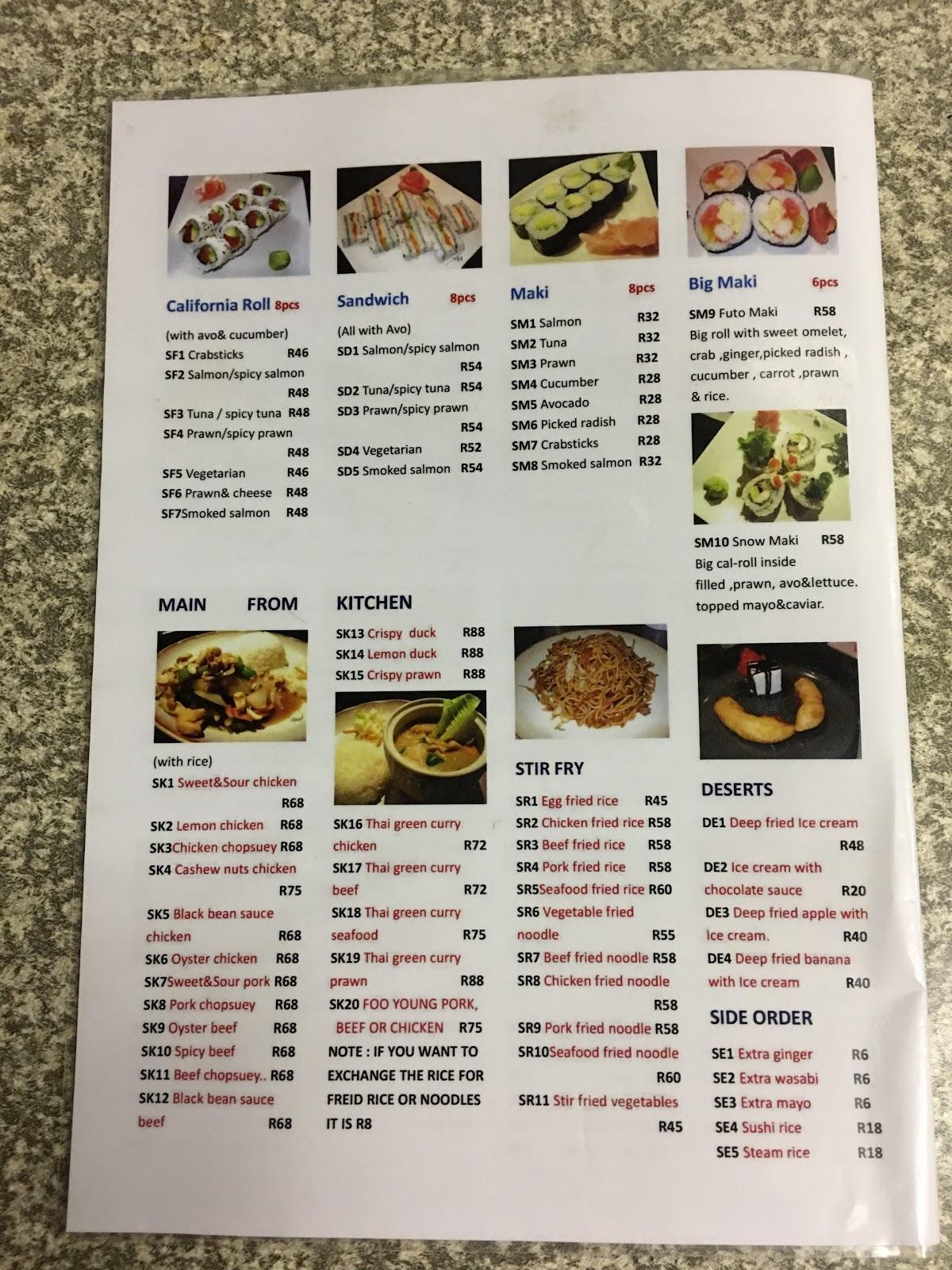 Menu at Sushi Nori Restaurant Cape Town, Cape Town