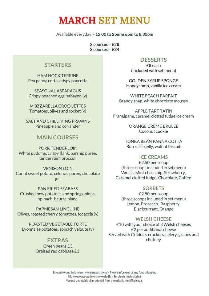Menu at The Falcondale hotel and restaurant, Lampeter