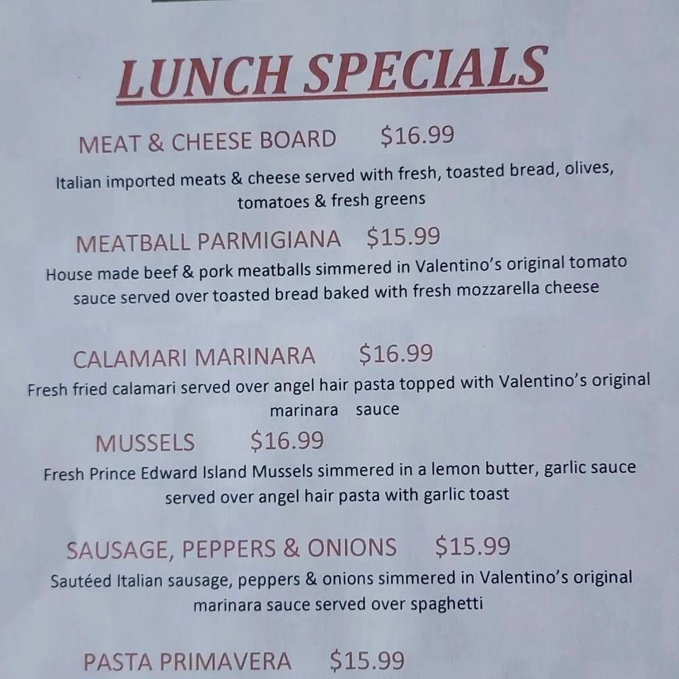 Menu at Valentino's Eatery restaurant, Florence