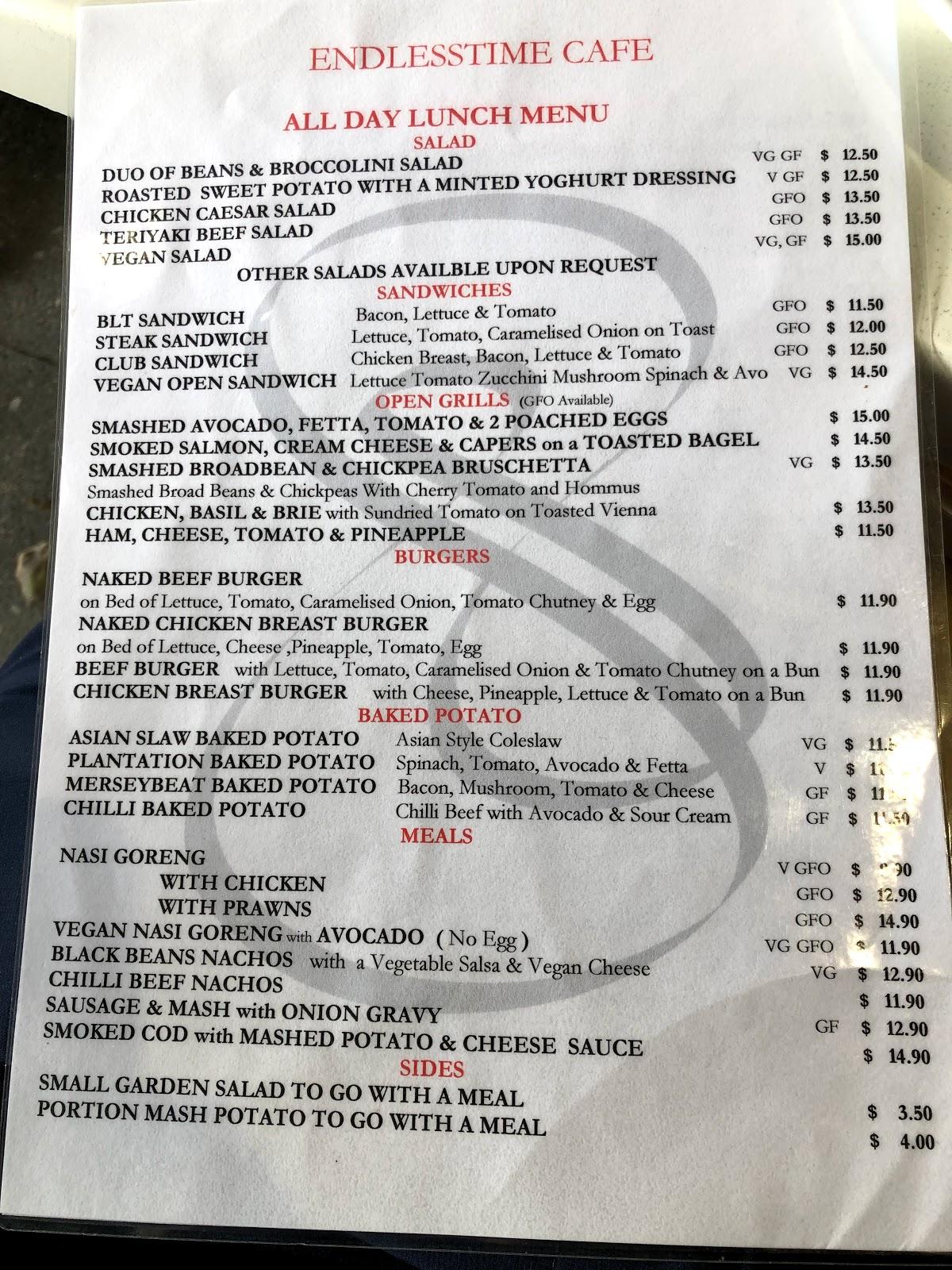 Menu at endless time cafe, Nambour