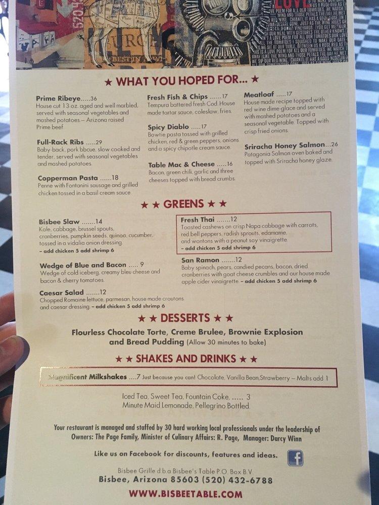 Menu at Bisbee's Table pub & bar, Bisbee, Copper Queen Plaza