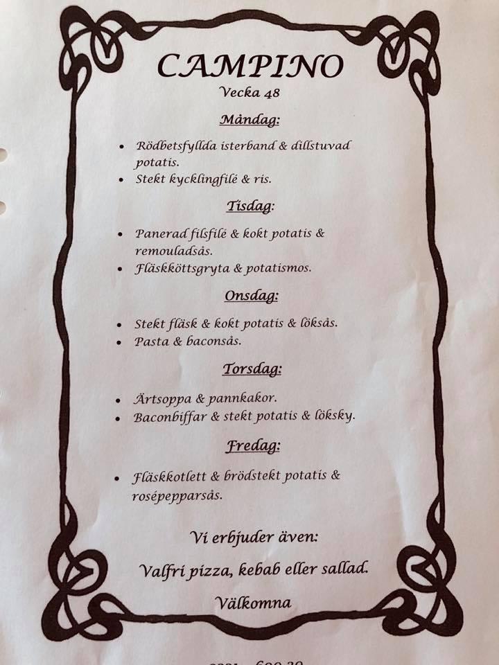 Menu at Campino restaurant, Sweden