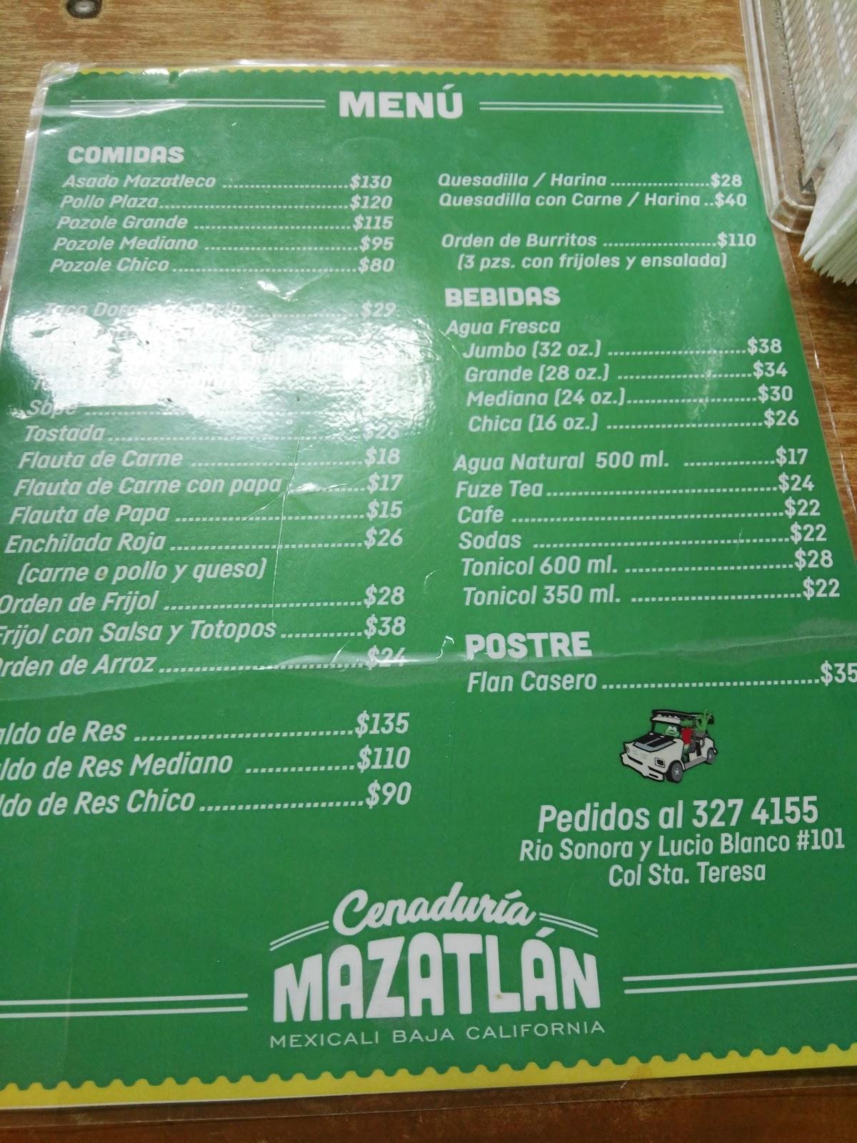 Carta del restaurante Cenaduria Mazatlán, Mexicali