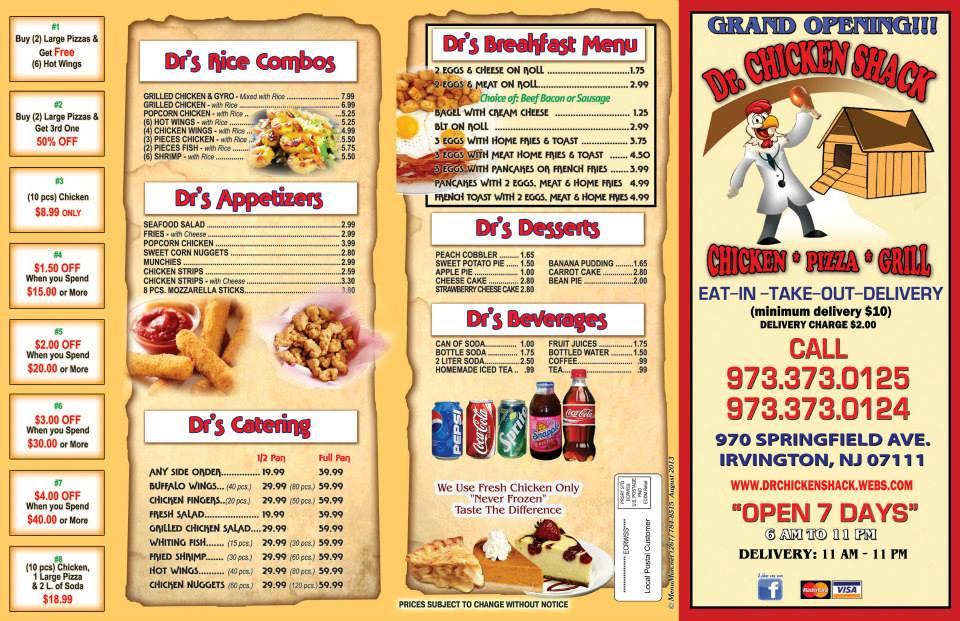 Menu at Dr. Chicken Shack pizzeria, Irvington