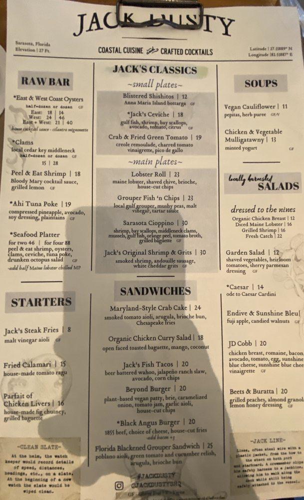 Menu at Jack Dusty pub & bar, Sarasota, Ritz Carlton Dr
