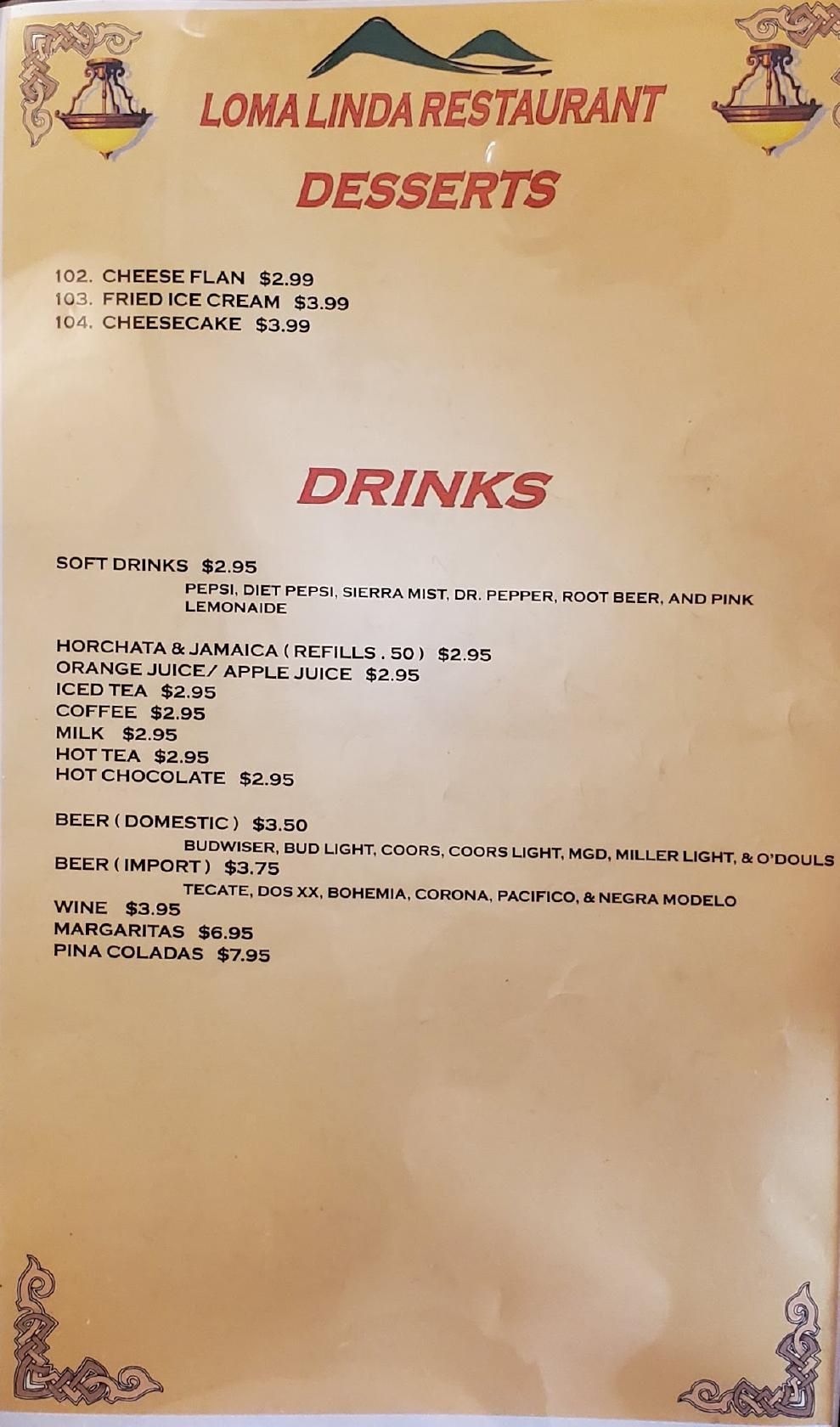 Menu at Loma Linda restaurant, Bakersfield