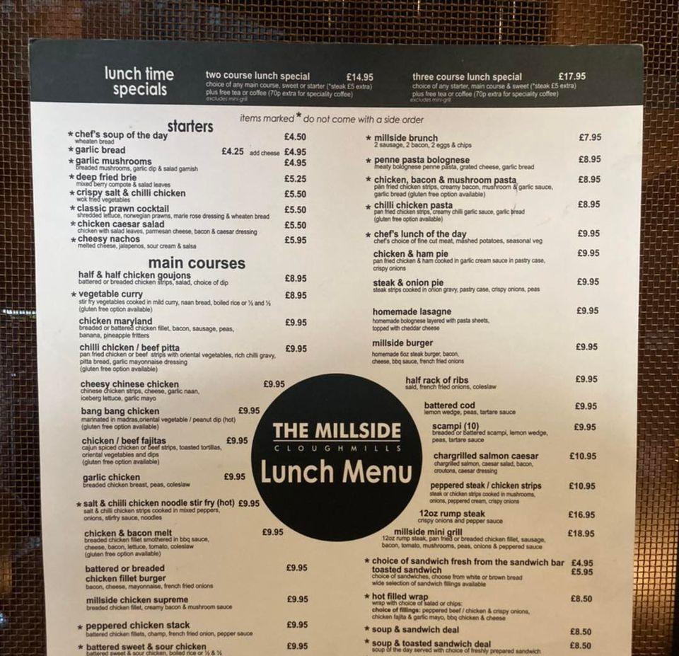 Menu at Millside Restaurant, Cloughmills