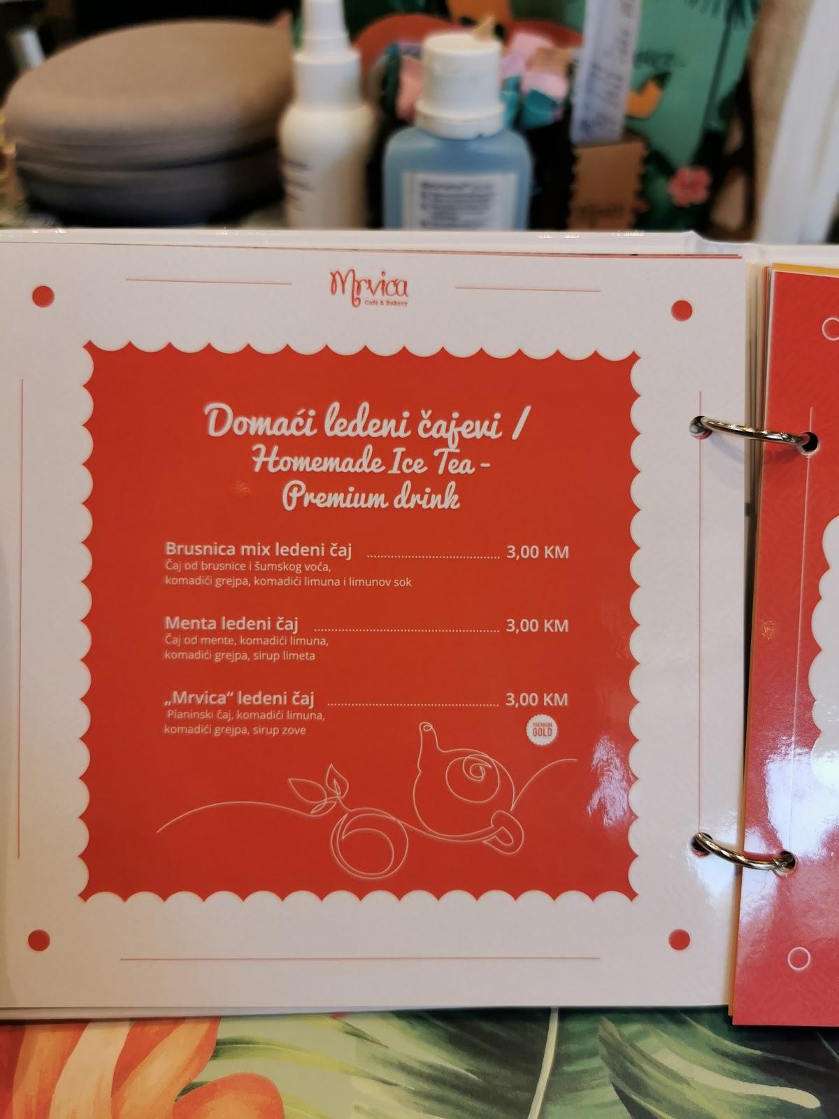 Menu at Mrvica Old Town cafe, Sarajevo, Jelića