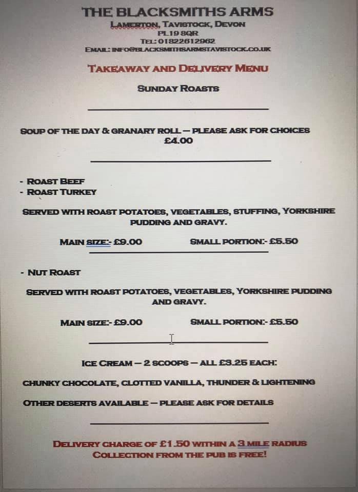 Menu at The Blacksmiths Arms pub & bar, Lamerton