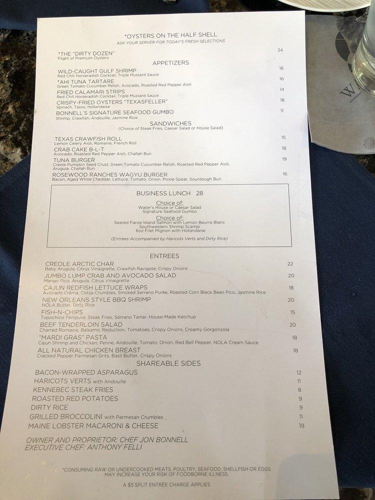 Menu at Waters Restaurant, Fort Worth