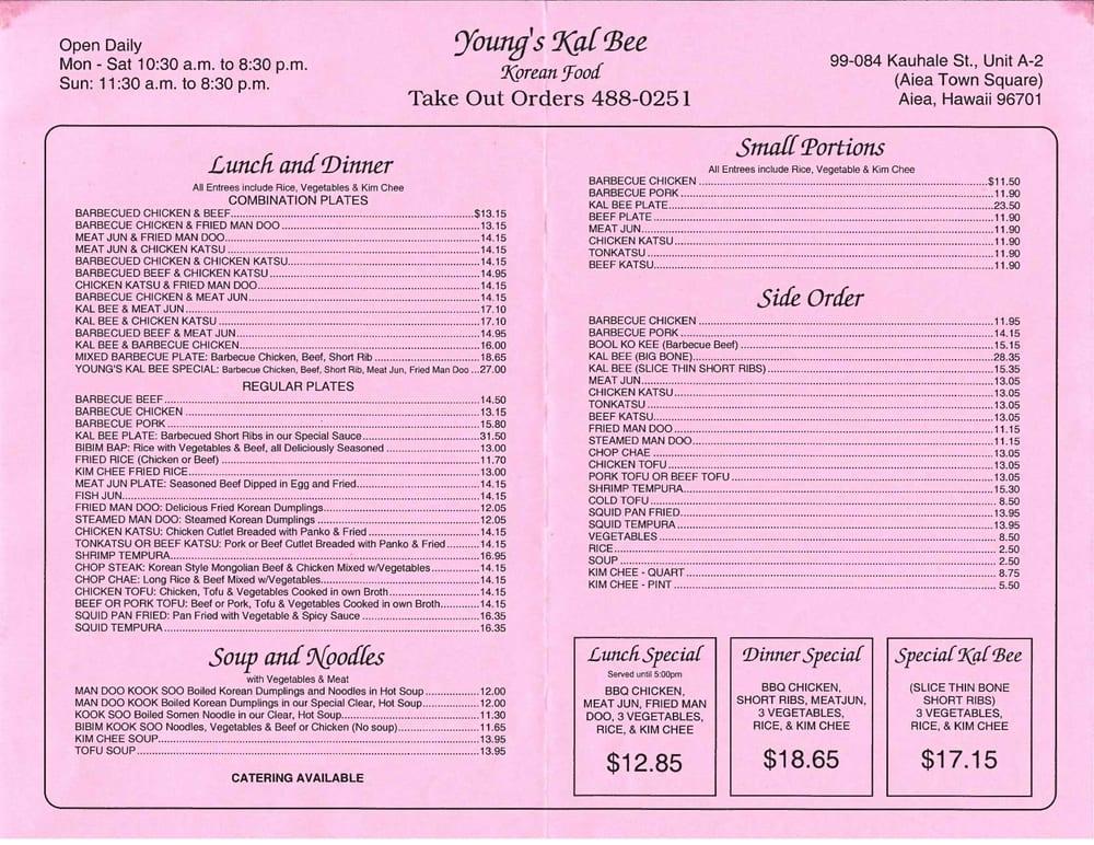 Menu at Young's Kal bee restaurant, Aiea