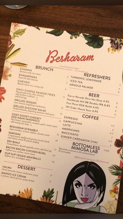 Menu at Besharam restaurant, San Francisco
