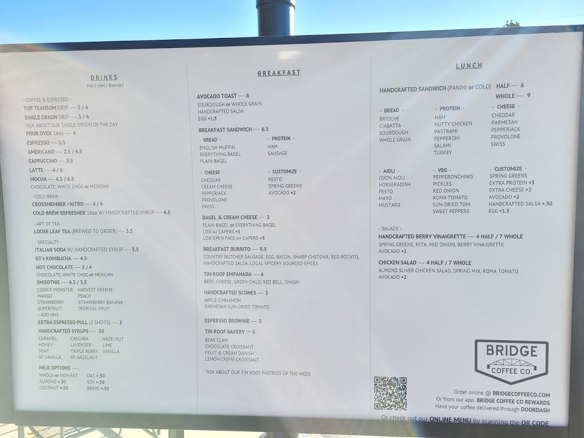 Menu at Bridge Coffee Co. Clark Avenue cafe, Yuba City