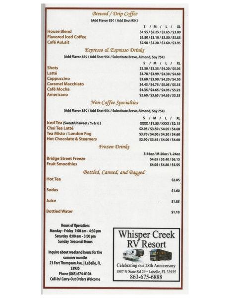 Menu at Bridge Street Coffee & Tea pub & bar, LaBelle