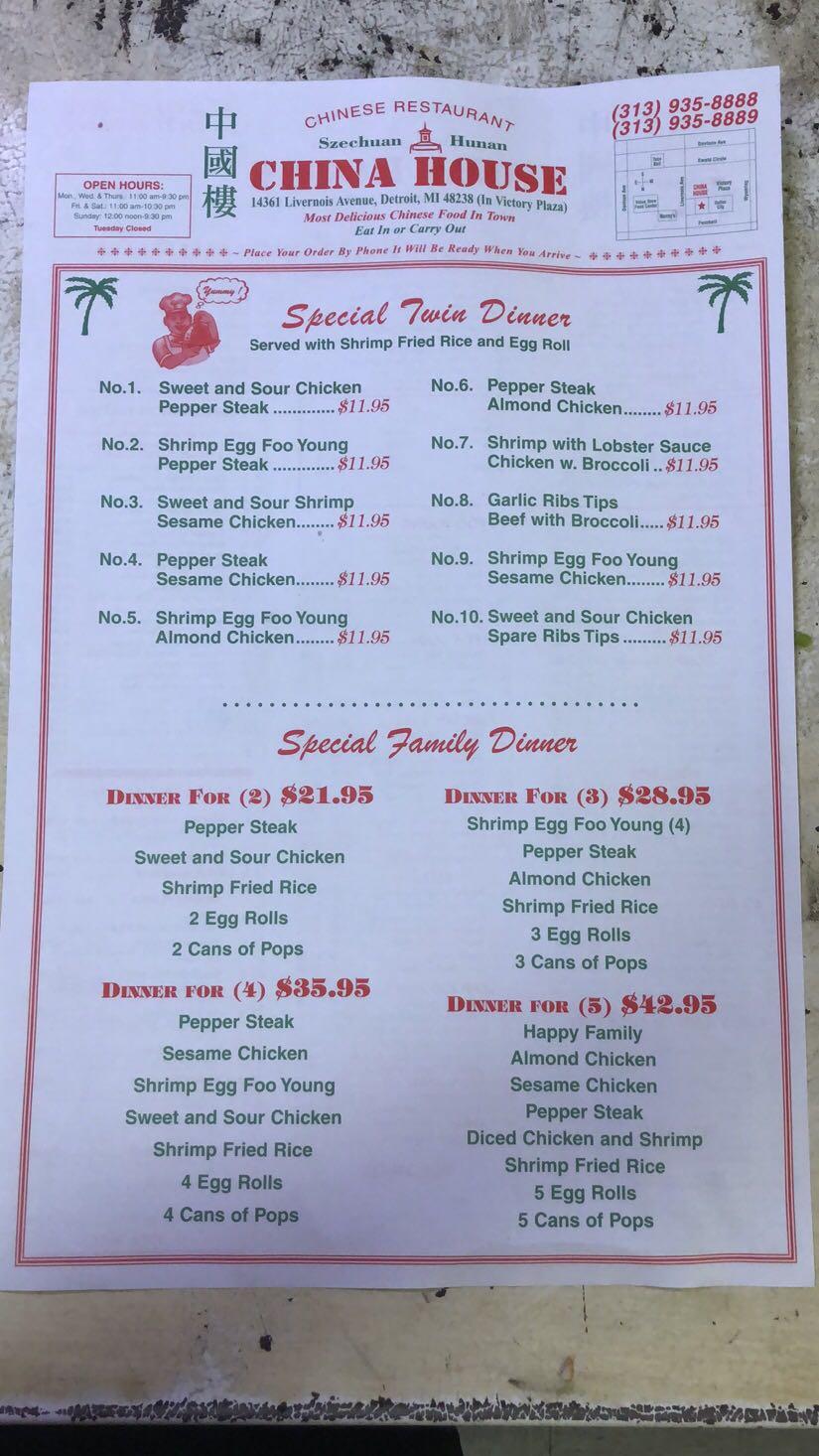 Menu at China House restaurant, Detroit, Livernois
