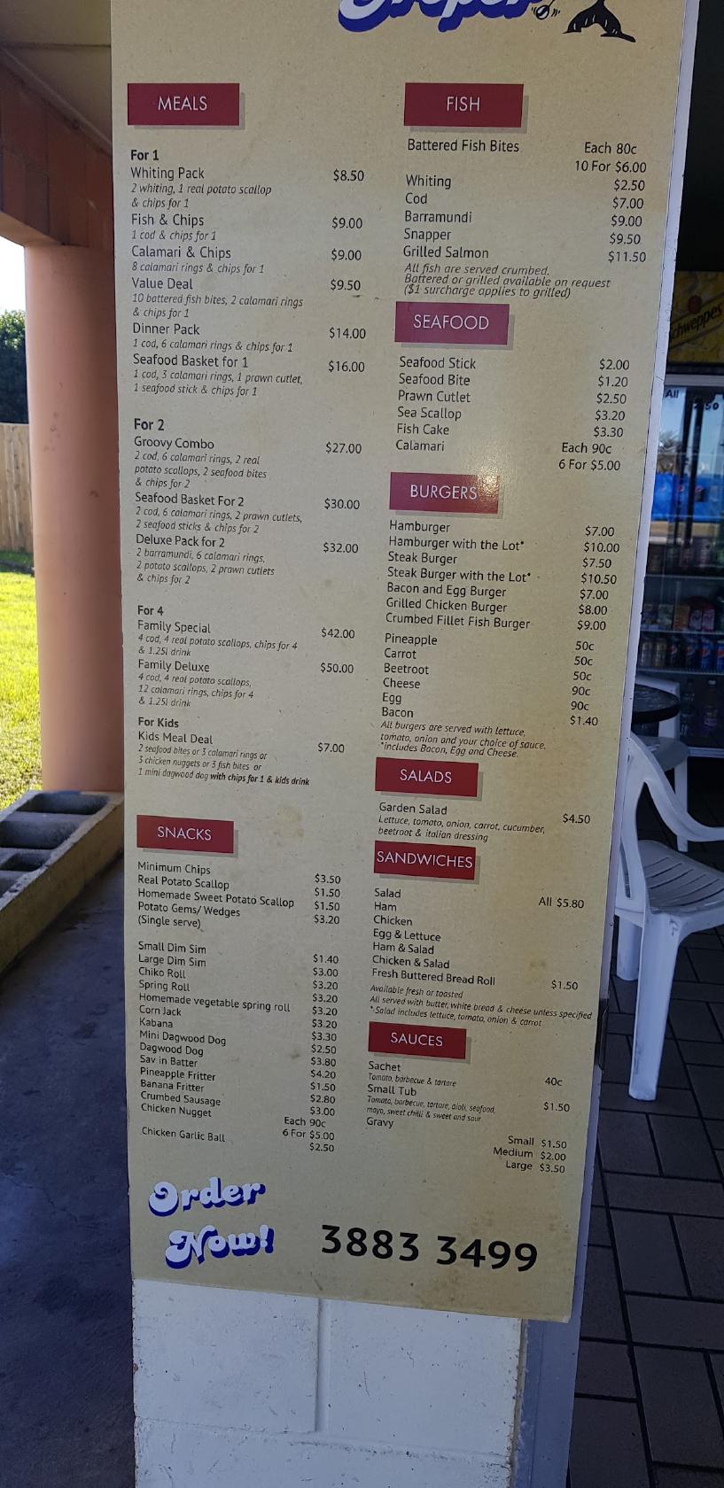 Menu at Groovy Groper fast food, Clontarf
