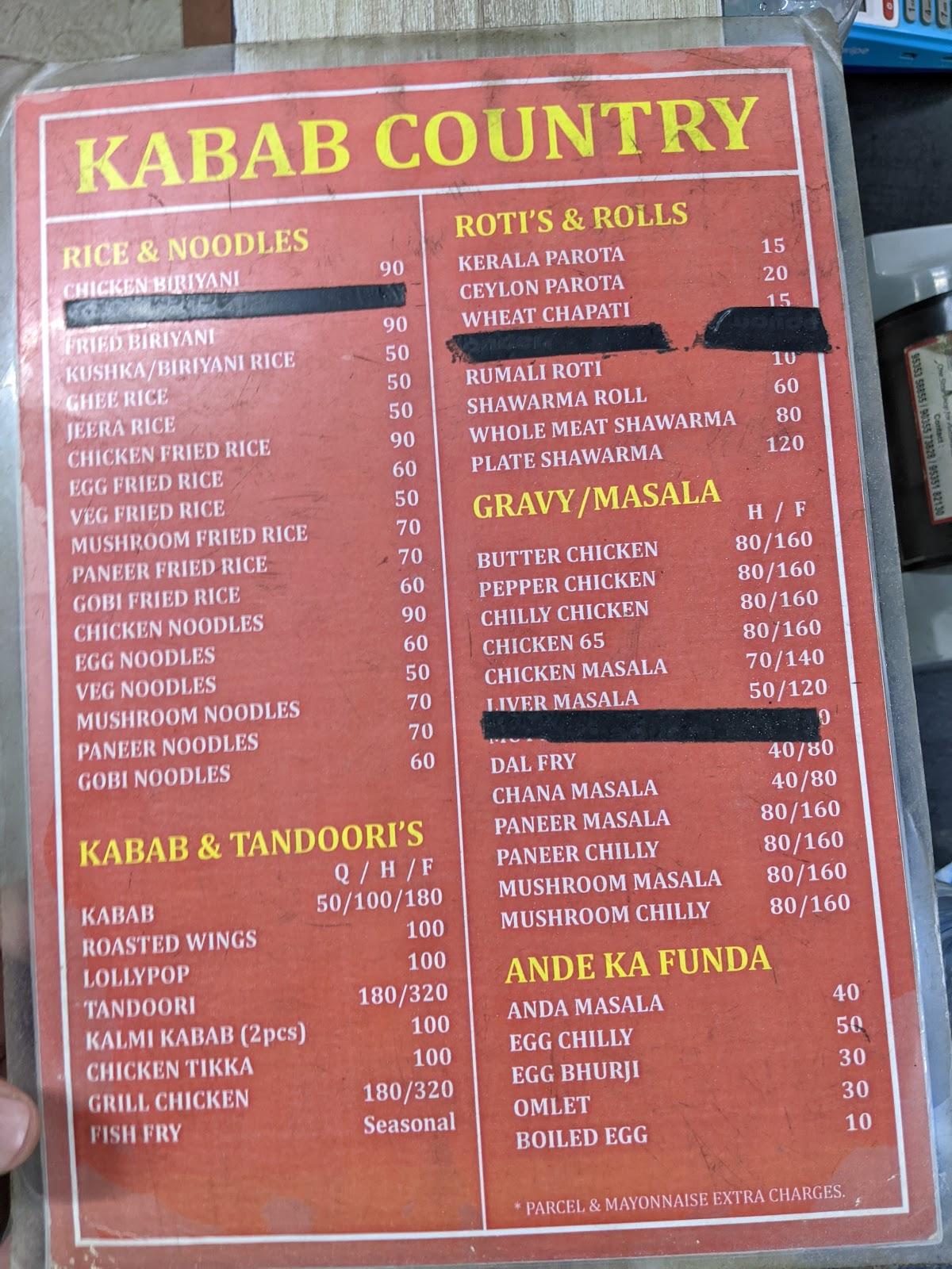 Menu at Kabab country, Bengaluru