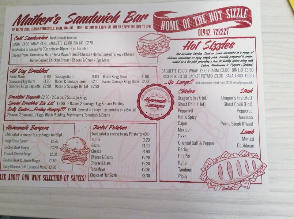 Menu at Mather's Sandwich Bar (Ashton), Wigan