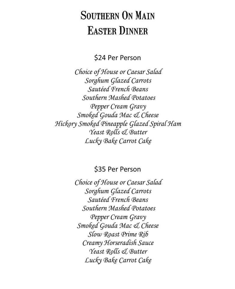 Menu at Southern On Main restaurant, Elkin