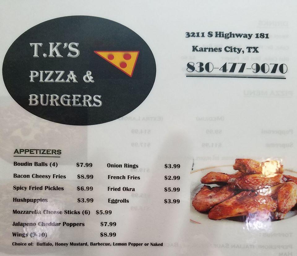 Menu at TK'S Pizza & Burgers pizzeria, Karnes City