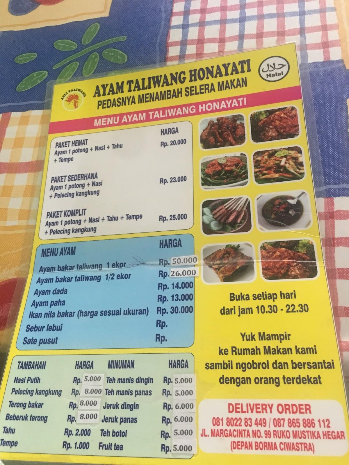 Menu at Taliwang Honayati restaurant, Bandung