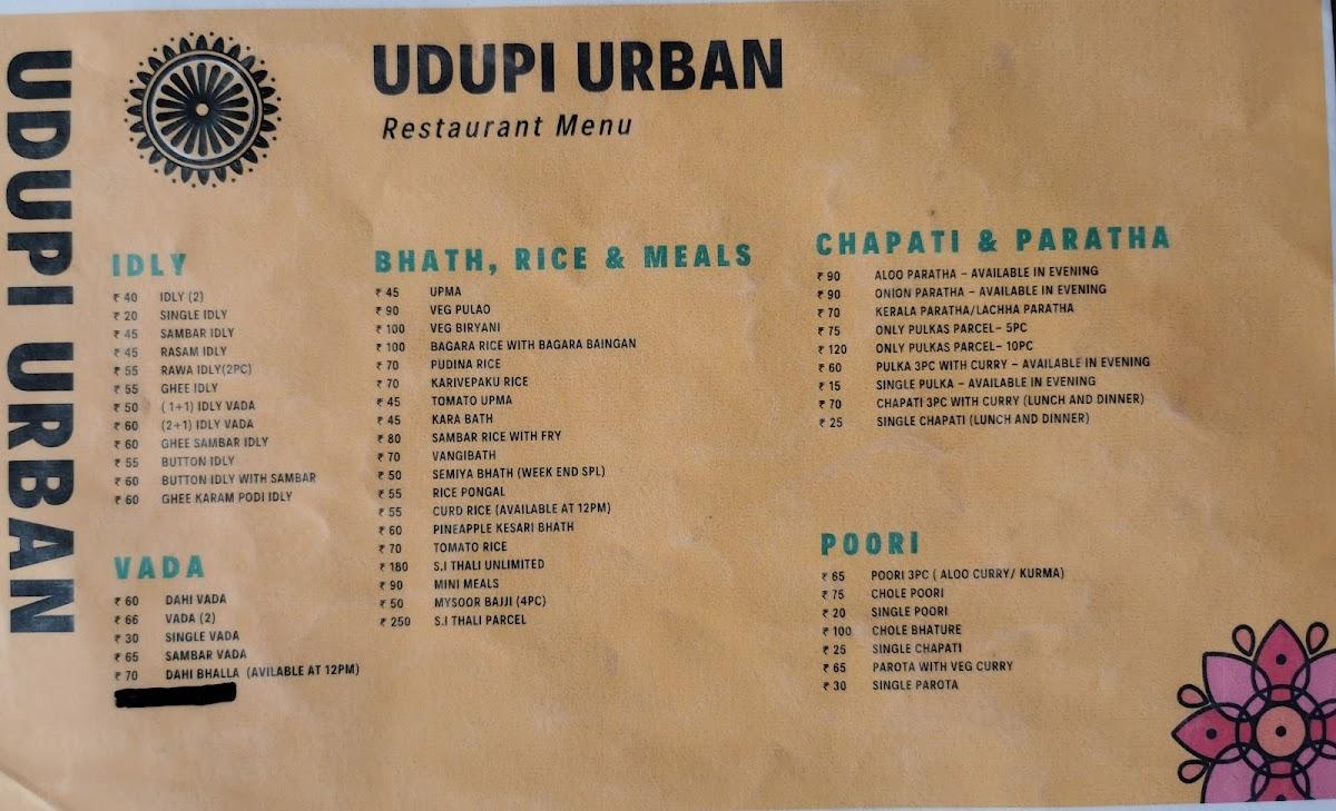 Menu at Udupi Urban, Hyderabad