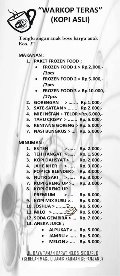 Menu at Warkop Teras, Taman, Jl. Raya Taman Barat No. 5