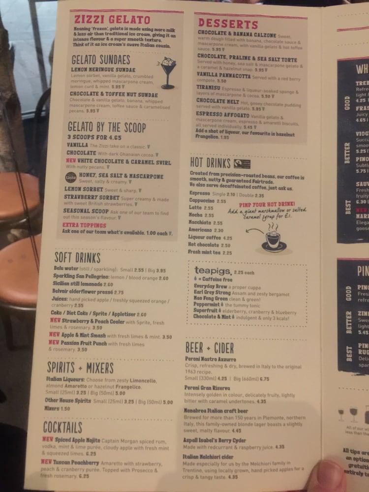 Menu at Zizzi - Victoria pizzeria, London, 15 Cardinal Walk