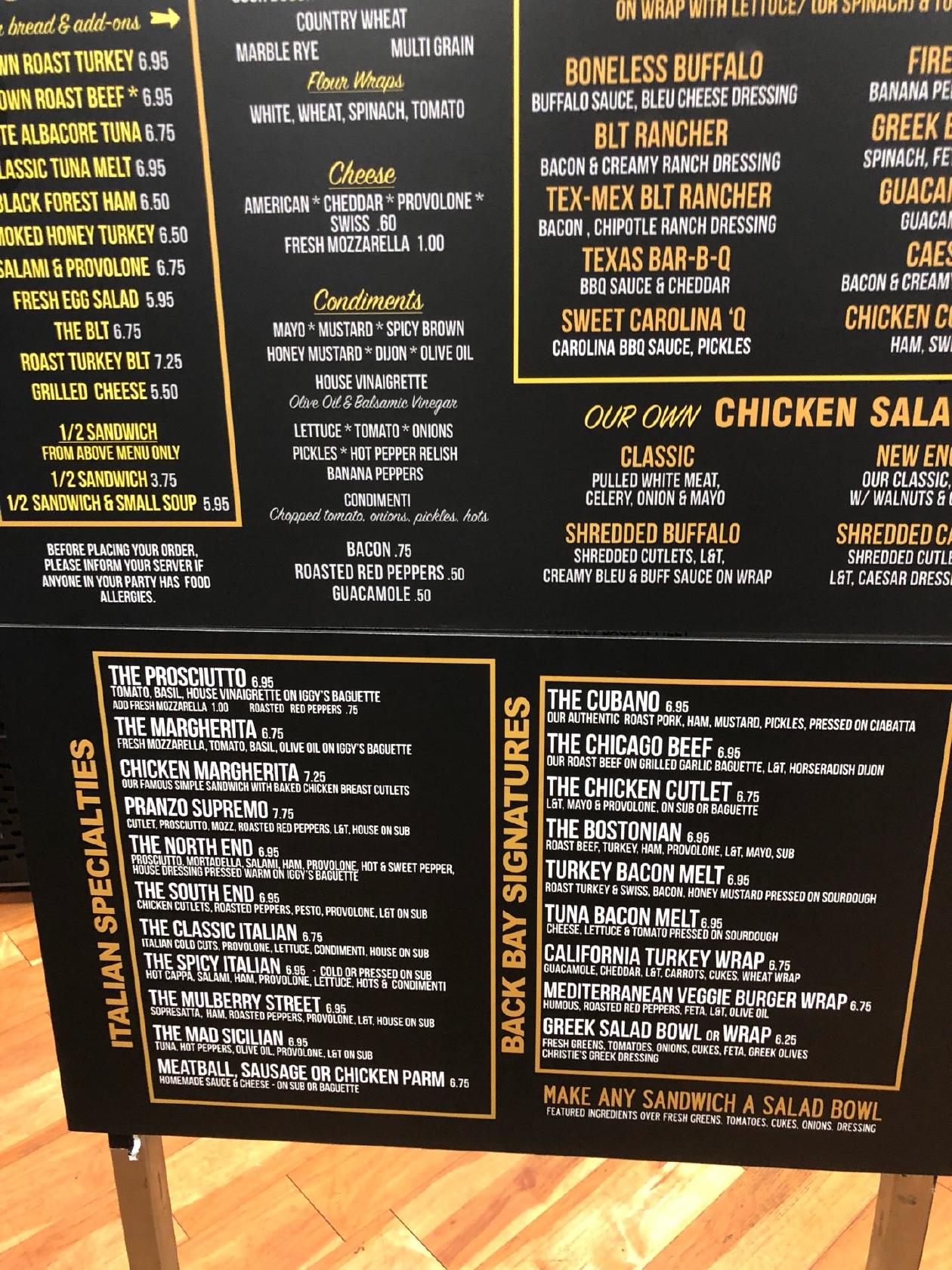 Menu at Back Bay Sandwich fast food, Boston, 31 St James Ave