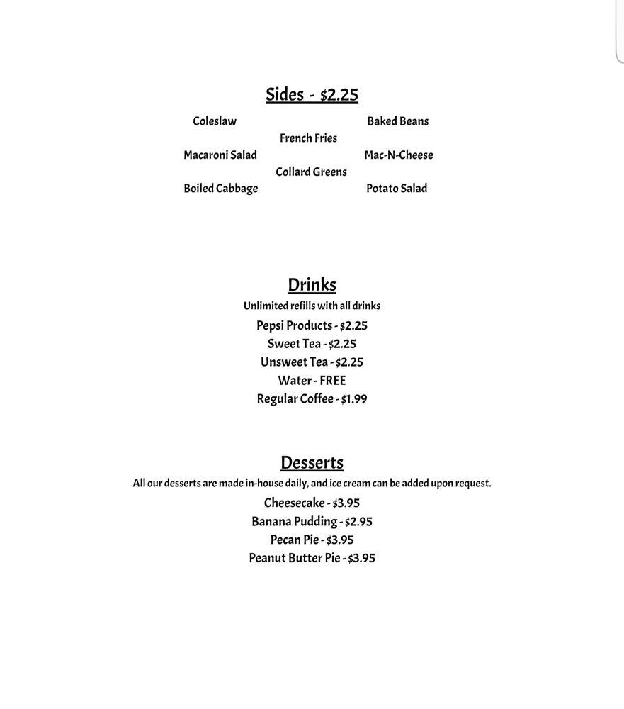 Menu at CJ's BBQ, Spruce Pine