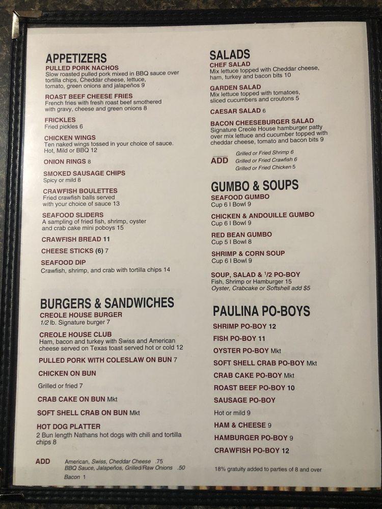 Menu at Creole House restaurant, Paulina