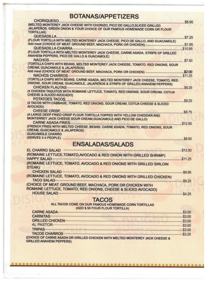 Menu at El Charro Mexican Restaurant, Bullhead City