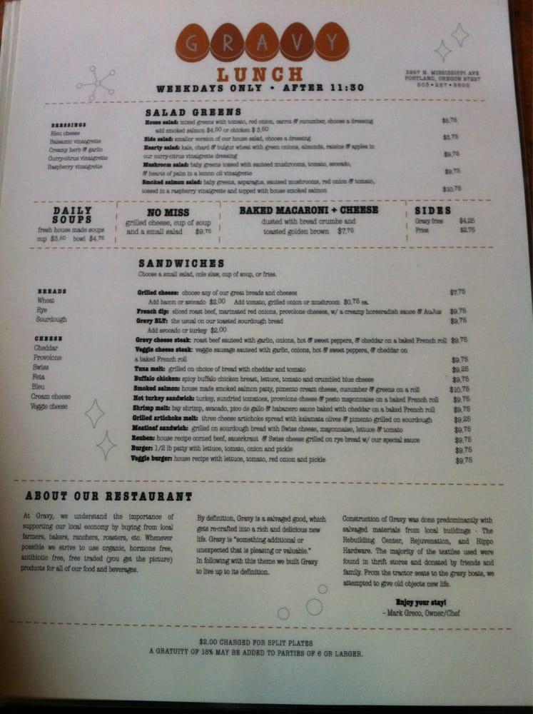 Menu at Gravy restaurant, Portland, N Mississippi Ave