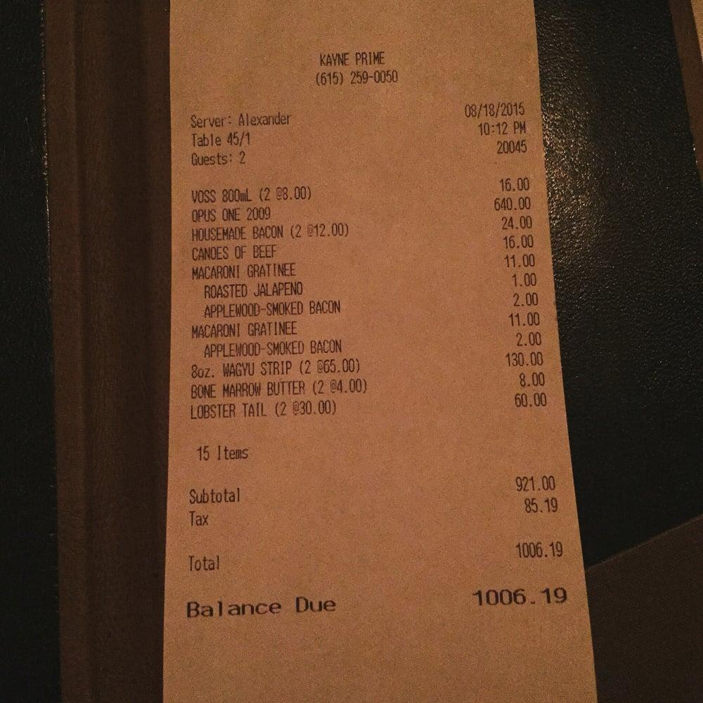 Menu at Kayne Prime Steakhouse, Nashville