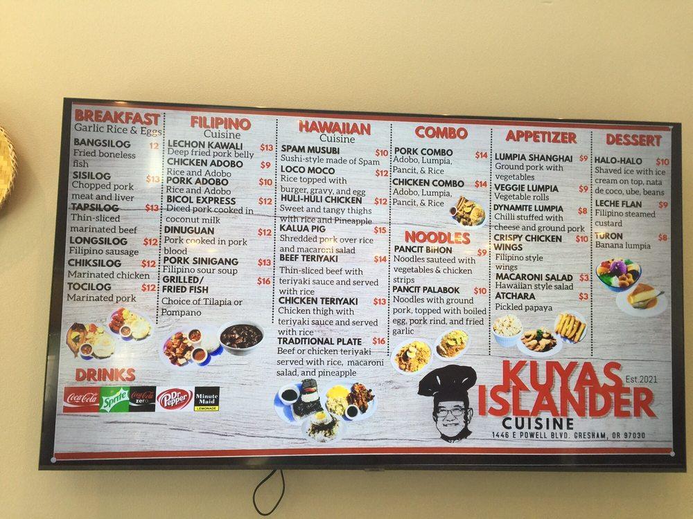 Menu at Kuya’s Islander Cuisine restaurant, Gresham