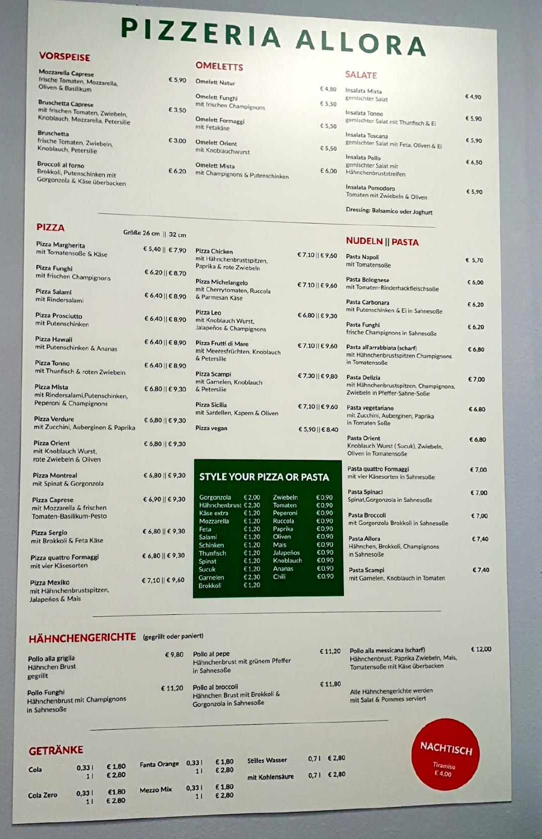 Menu at Pizzeria Allora, Berlin