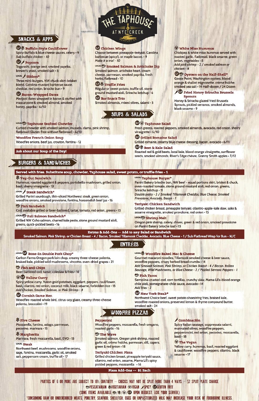 Menu at The Taphouse at Nye Creek restaurant, Newport