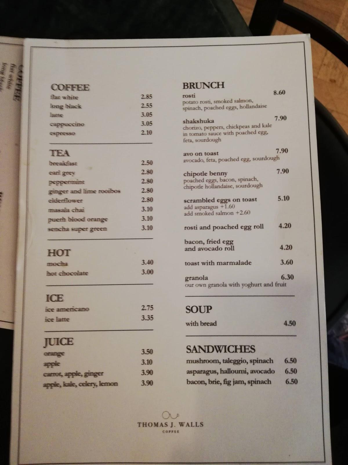 Menu at Thomas J Walls Coffee cafe, Edinburgh