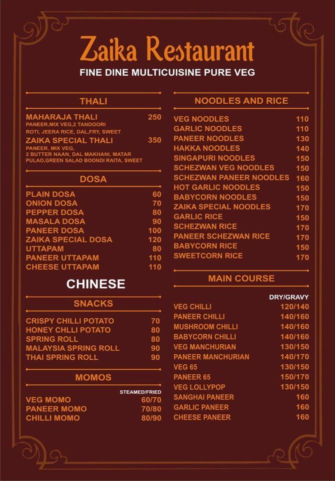 Menu at zaika restaurant, Deoria